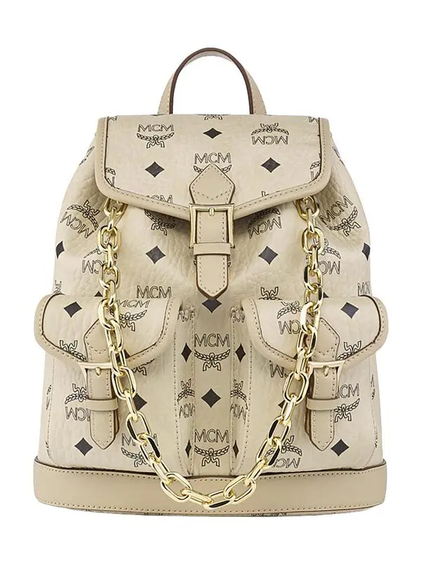 Mcm Aren Mini Visetos Leather Backpack - Beige/blanc