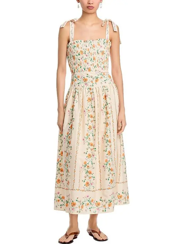 Moon River Tie Strap Smocked Back Floral Print Midi Dress - Cream Multi