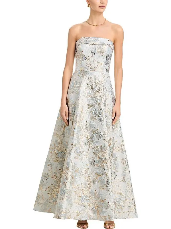 Aqua Long Brocade Strapless Gown - Blue/gold