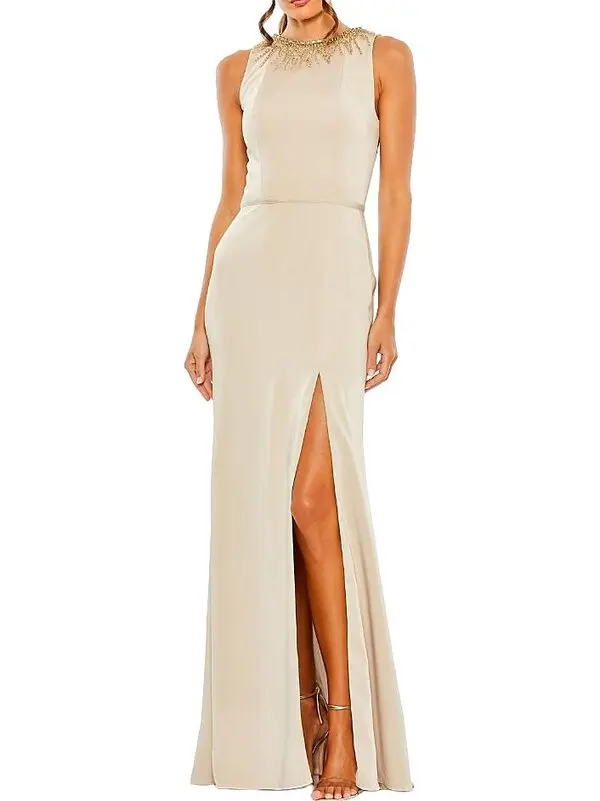 Mac Duggal Embellished High-neck Sleeveless Column Gown - Champagne