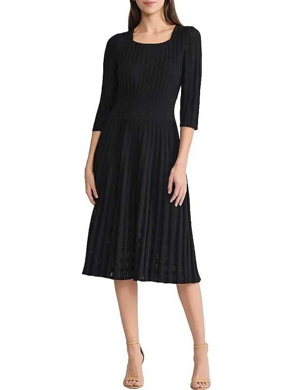 Ming Wang Linear Pointelle Knit Fit And Flare Midi Dress - Black