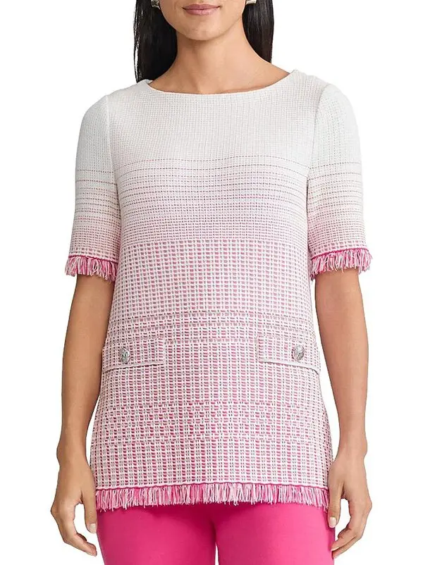 Ming Wang Ombre Fringe Trim Jacquard Knit Tunic - Carmine Rose/limestone/white