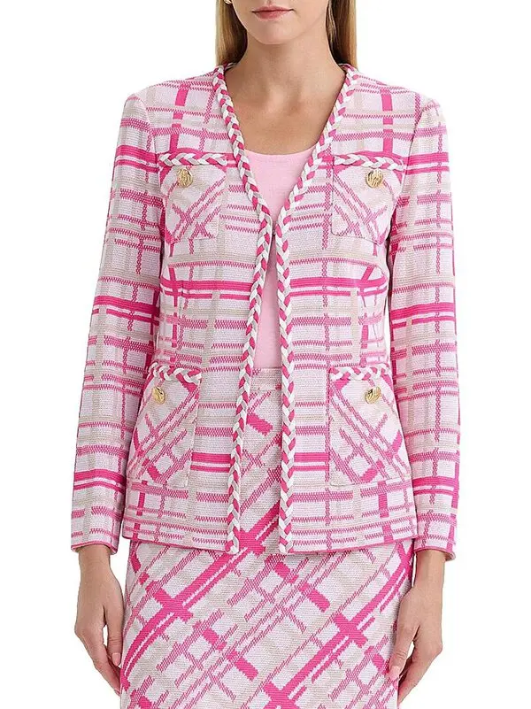 Ming Wang Braided Trim Plaid Knit Jacket - Rose/pink/limestone/white