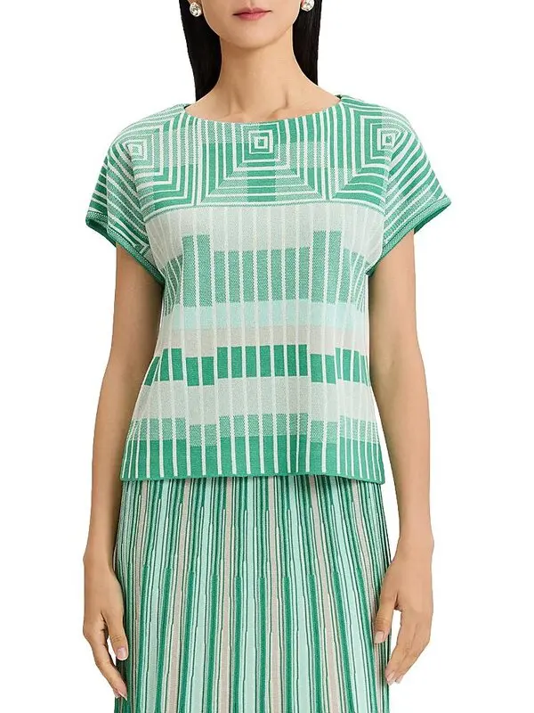 Ming Wang Geometric Jacquard Soft Knit Top - Kelly Green/limestone/ivory