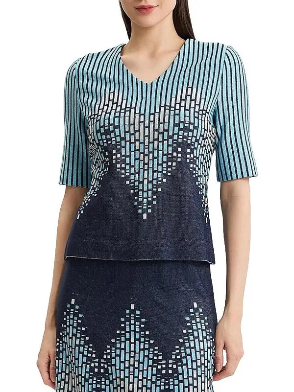 Ming Wang Linear Ombre Soft Knit V-neck Top - Indigo/limestone/serene/white