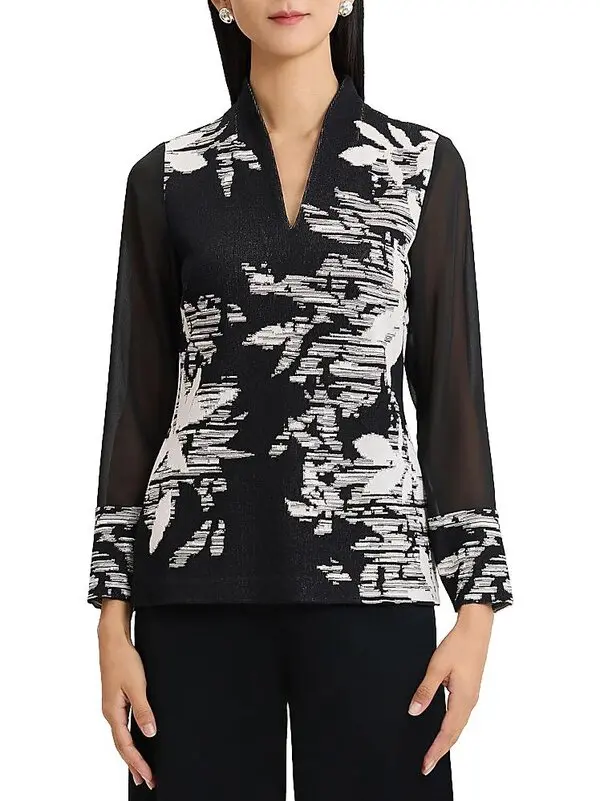 Ming Wang Mixed-media Floral Jacquard Knit Tunic With Sheer Sleeves - Black/white
