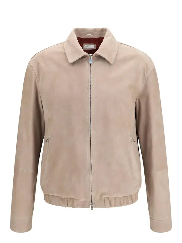 Brunello Cucinelli Leather Zip-up Jacket With Elasticated Hem - Cream