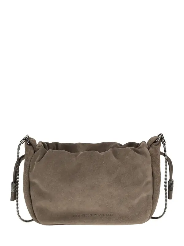 Brunello Cucinelli Suede Shoulder Bag With Precious Chain - Brown