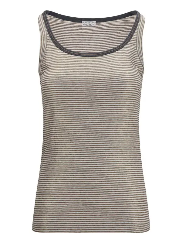 Brunello Cucinelli Striped Linen Lamé Jersey Tank Top With Glossy Finishes - Cream