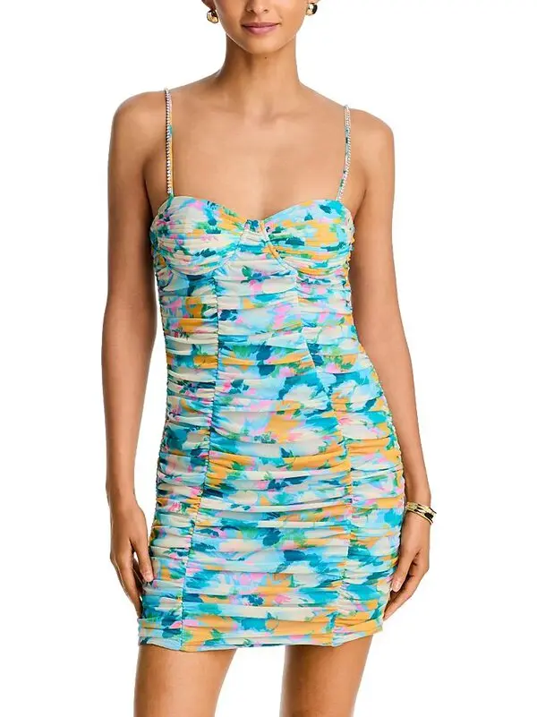 Aqua Floral Mesh Ruched Mini Dress - White/blue