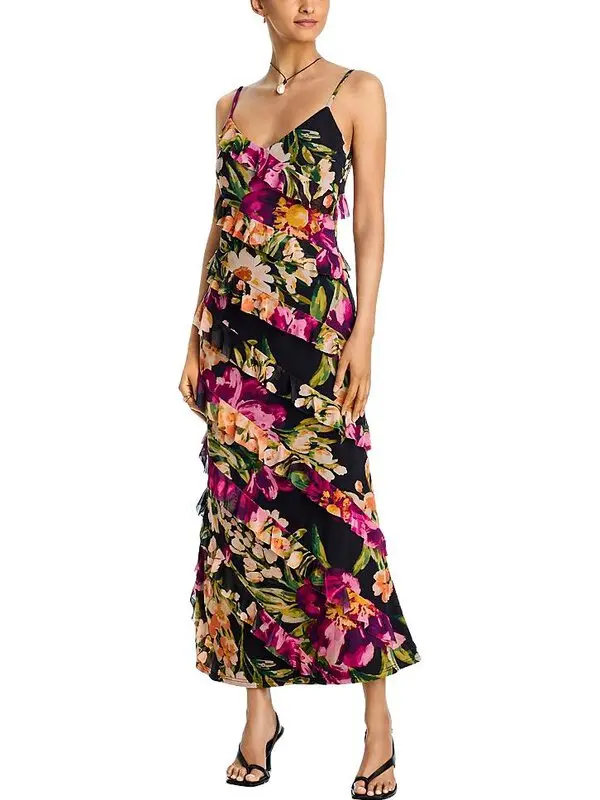 Aqua Floral Mesh Ruffle Maxi Dress - Black Floral