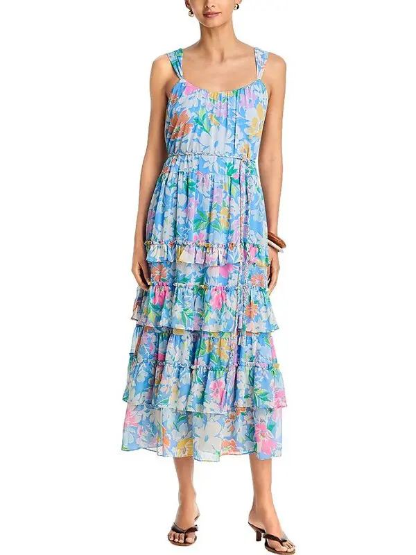 Aqua Floral Ruffle Hem Midi Dress - Blue Multi