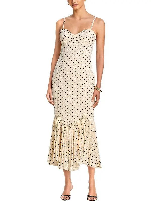 Aqua Polka Dot Pleated Hem Midi Dress - Ivory/black