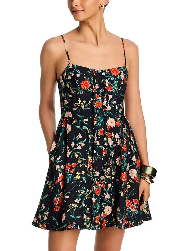 Aqua Floral Button Front Mini Dress - Black Multi