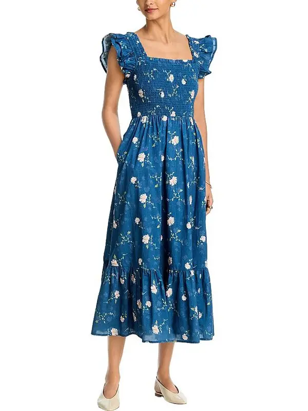 Aqua Floral Smocked Midi Dress - Blue