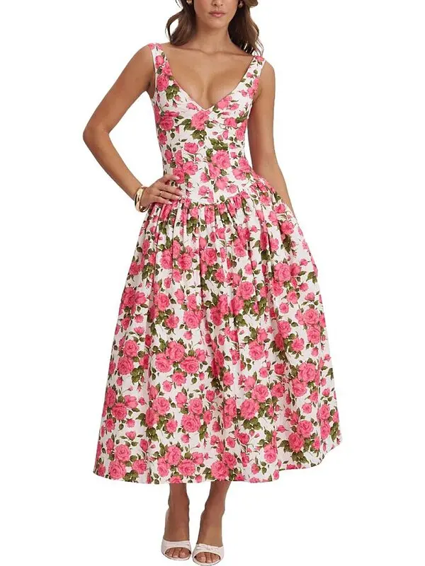 MISS CIRCLE Wilfreda Floral Linen Sweetheart Midi Dress - Pink Floral