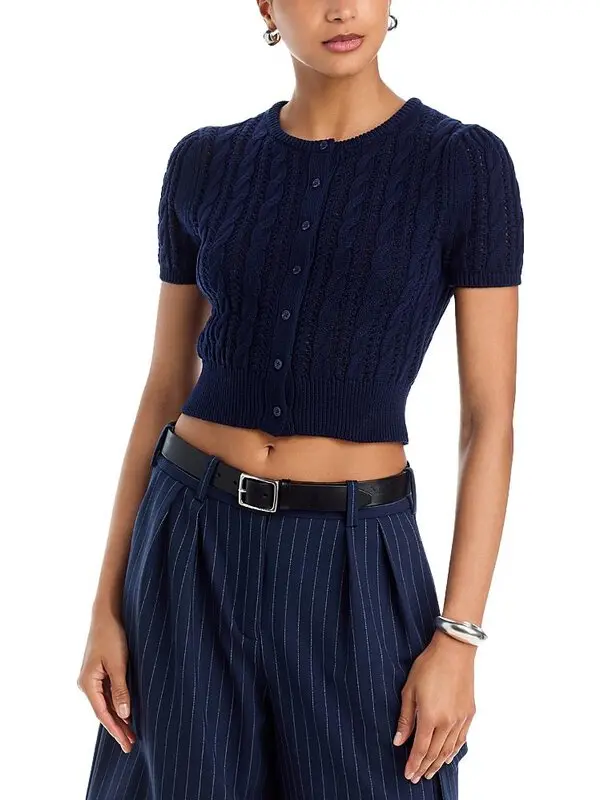 Aqua Pointelle Short Sleeve Cardigan - Navy