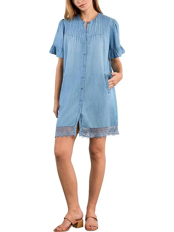 BILLY T Pleated Denim Dress With Lace Trim - Pure Denim