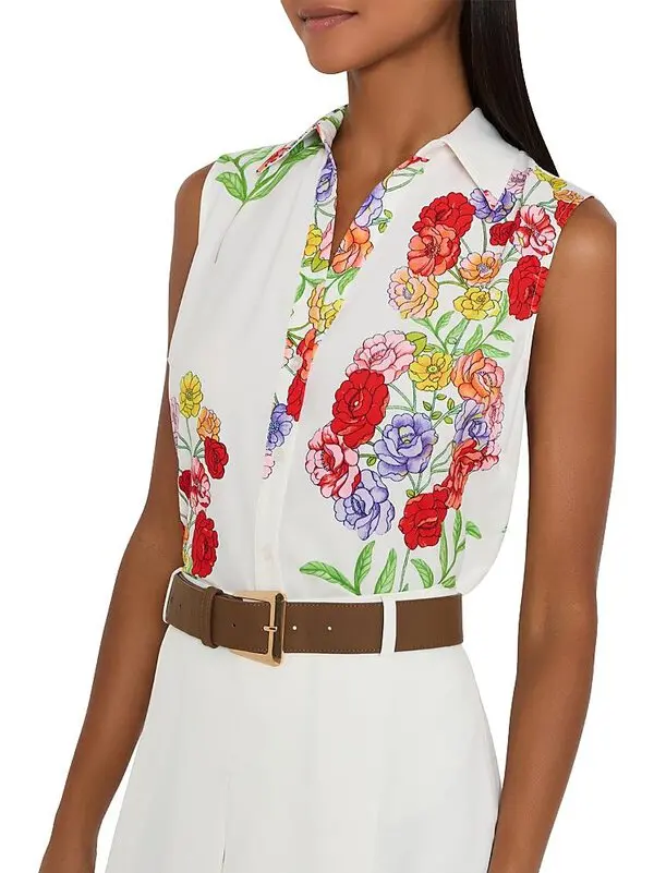 MILLY Josephine Floral Print Sleeveless Shirt - White Multi