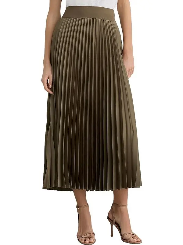 REISS Seren Pleated Midi Skirt - Khaki Green