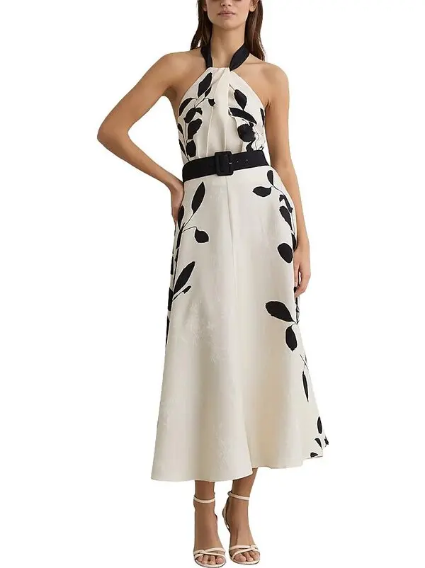 REISS Libby Belted Floral Print Halter Neck Midi Dress - Ivory/black