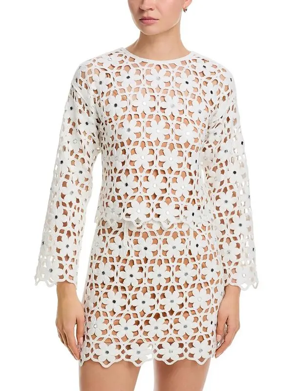 Michael Kors Faux Crochet Long Sleeve Top - White