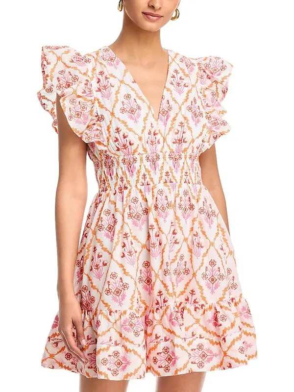 Aqua Embroidered Flutter Sleeve Mini Dress - White Multi