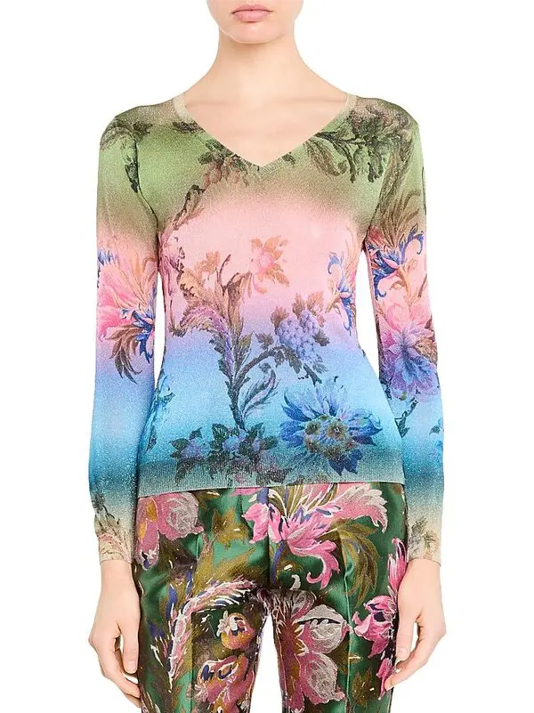 Etro Printed V-neck Knitted Top - Printed Green