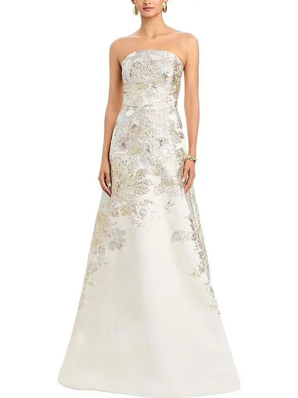 Rickie Freeman For Teri Jon Strapless Metallic Jacquard Gown - Beige Multi