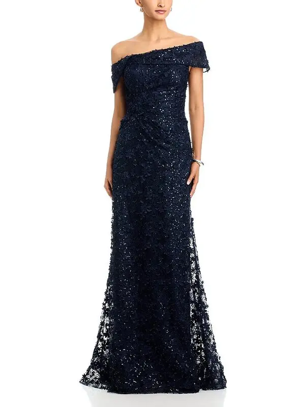 Rickie Freeman For Teri Jon 3d Lace Off-the-shoulder Gown - Navy