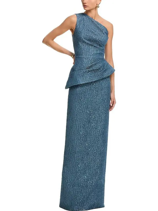 Rickie Freeman For Teri Jon One Shoulder Metallic Gown - Steel Blue