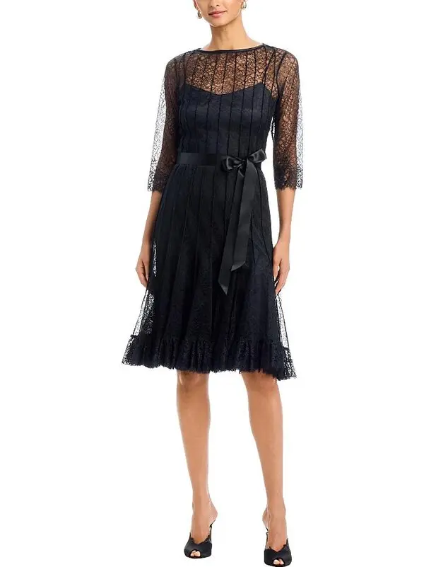 Rickie Freeman For Teri Jon Lace Pintuck Ruffle Hem Midi Dress - Black