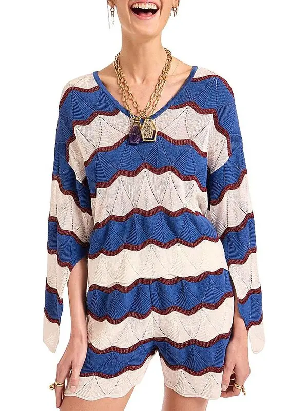 La DoubleJ Hang Ten" Knit Top With Geometric Print - Color Block Ecru/blue/copper
