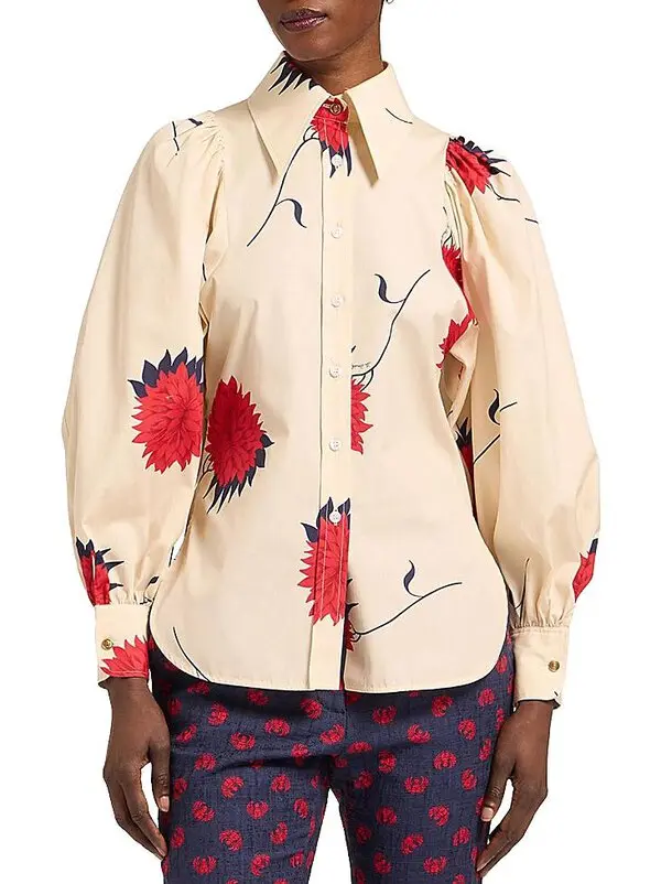 La DoubleJ Printed Cotton Poplin Shirt With Puffed Sleeves - Derby Ecru