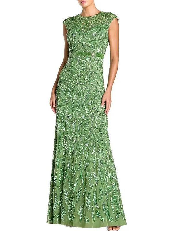 Mac Duggal Embellished High Neck Cap Sleeve Gown - Sage