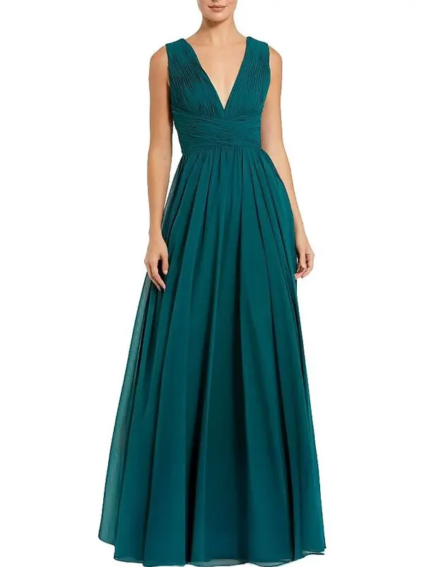 Mac Duggal Sleeveless Ruched V-neck Chiffon Gown - Teal