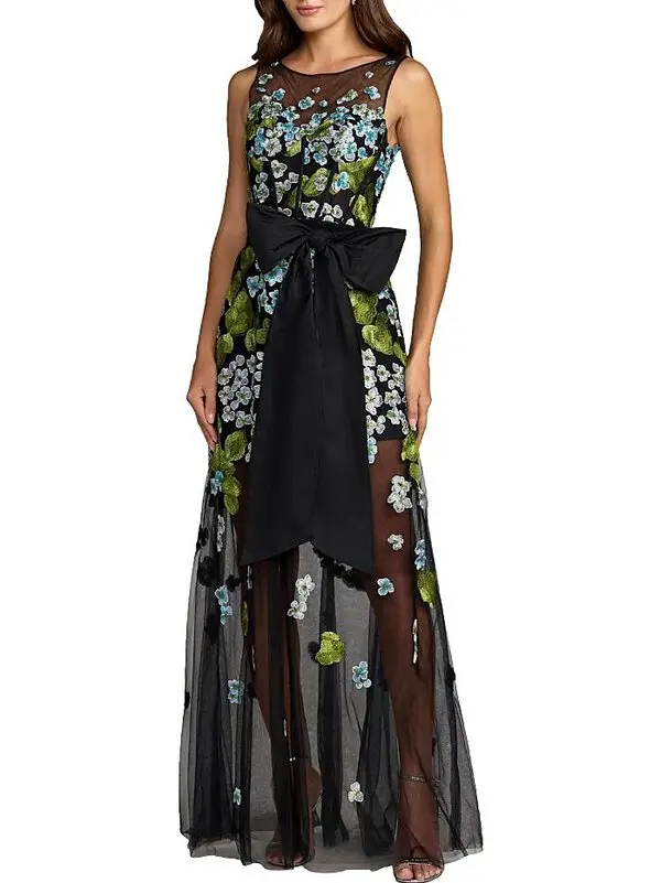 Mac Duggal Sleeveless Gown With Mesh Applique And Bow Belt - Blue Multi