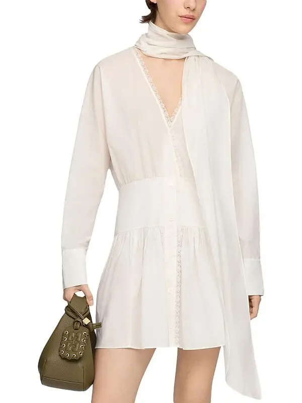 GANNI White Cotton Shirt Dress With Lace Trim - Bright White