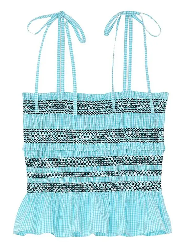 GANNI Smocked Check Top - Blue Curacao