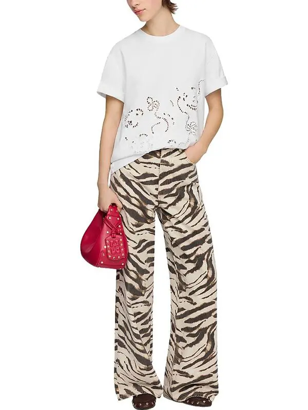 GANNI Lari High Rise Wide Leg Zebra Print Denim Jeans - Egret