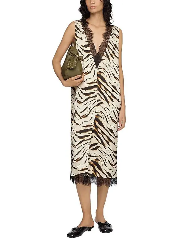 GANNI Zebra Print Satin Midi Dress - Egret