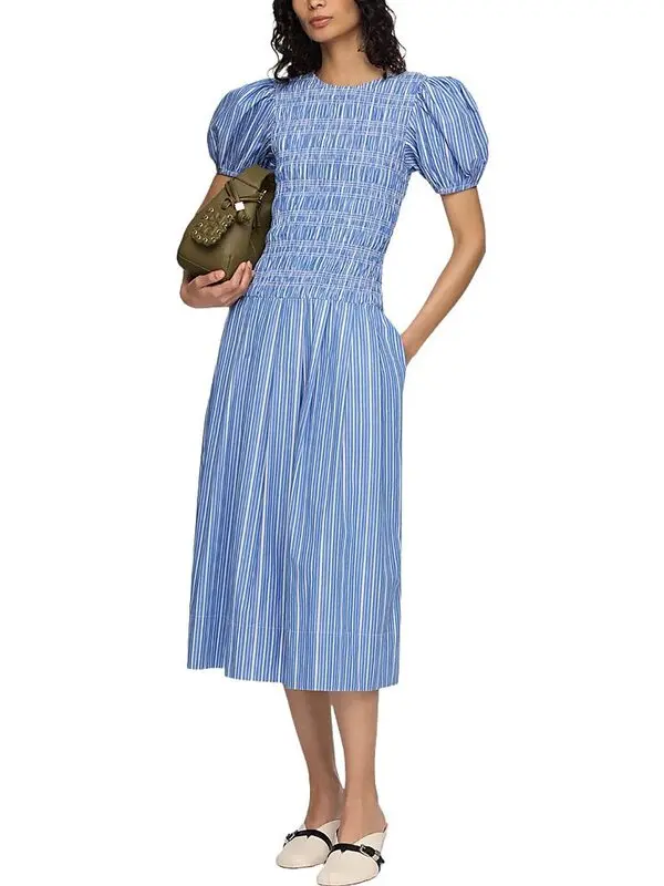 GANNI Striped Cotton Midi Dress - Nouvean Navy