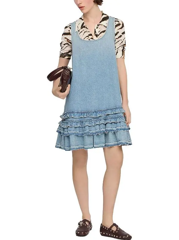 GANNI Ruffled Denim Dress - Light Blue