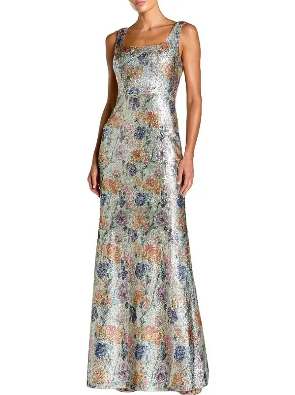 Mac Duggal Floral Sequin Sleeveless Square Neck Gown - Silver Multi