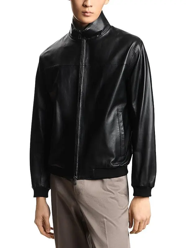 Emporio Armani Nappa Lambskin Zip-up Jacket With Stand Collar - Black Beauty