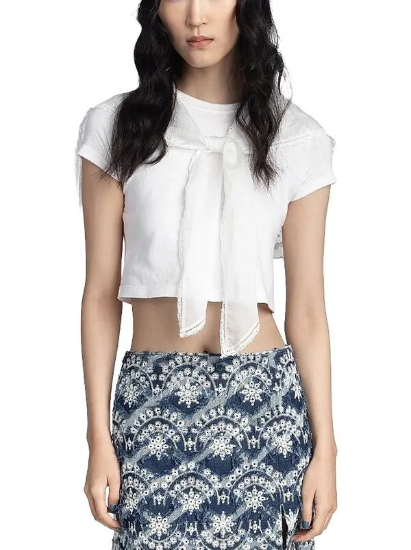 Anna Sui Sailor Tee With Lace Trim And Neck Tie - White