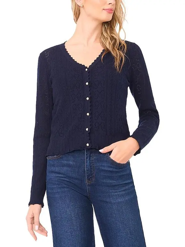 CECE DUPRAZ Pointelle V-neck Cardigan Sweater - Classic Navy