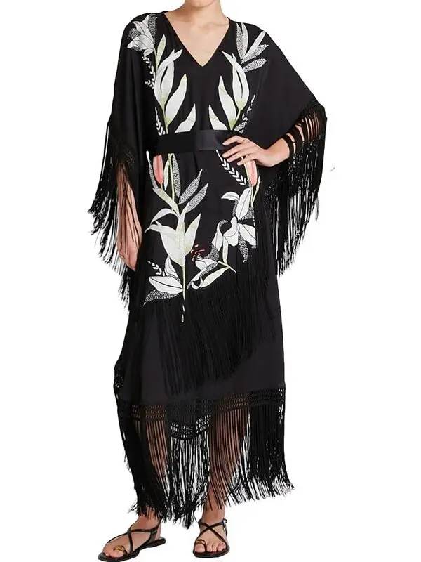 TEMPERLEY LONDON Madeline Kaftan With Botanical Embroidery And Fringe Detail - Black
