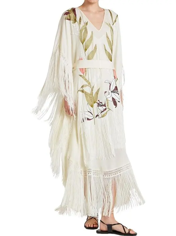 TEMPERLEY LONDON Madeline Kaftan With Botanical Embroidery And Fringe Detail - Ivory