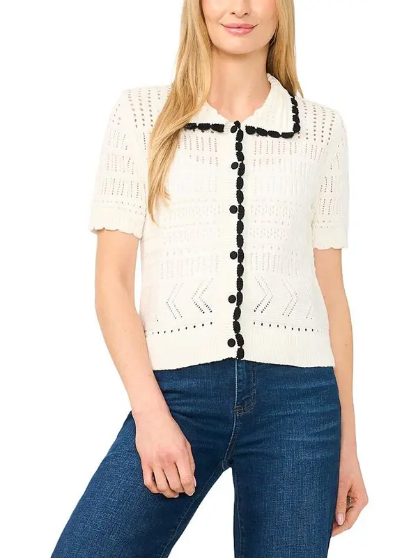 CECE DUPRAZ Collared Short Sleeve Pointelle Knit Cardigan - Antique White